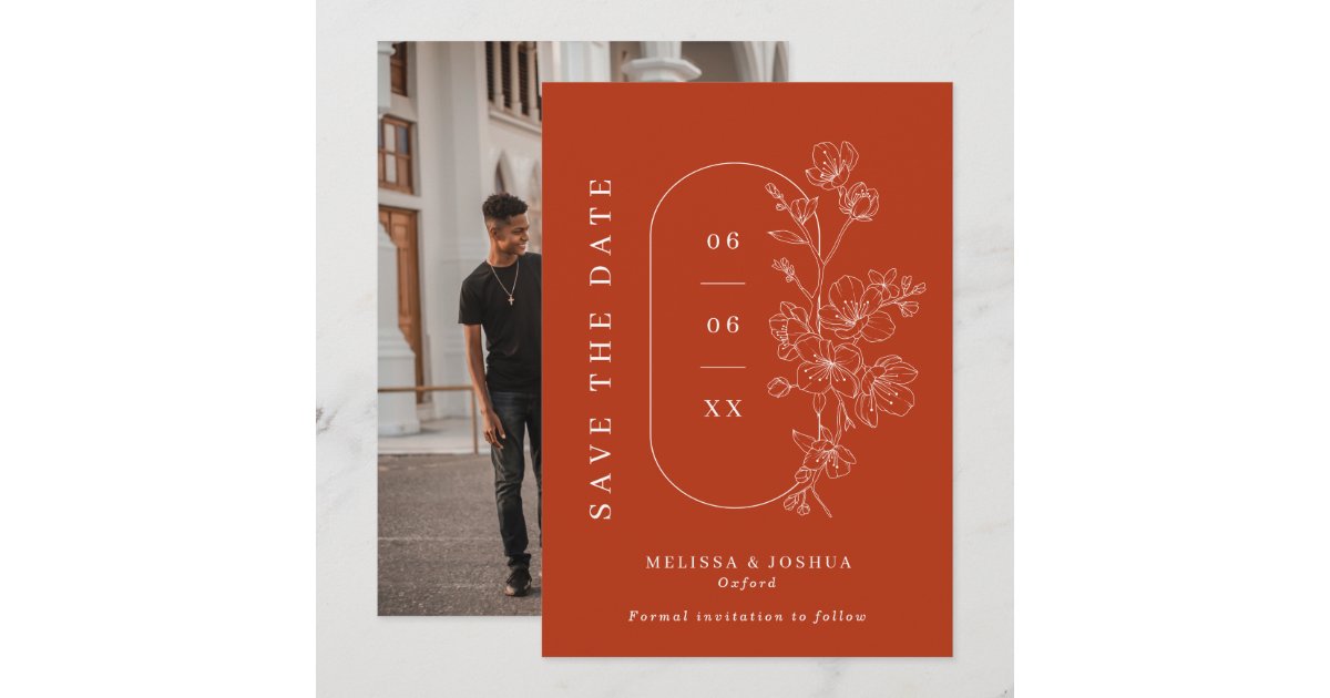 Burnt Orange Line Drawn Floral Photo Wedding Save The Date | Zazzle