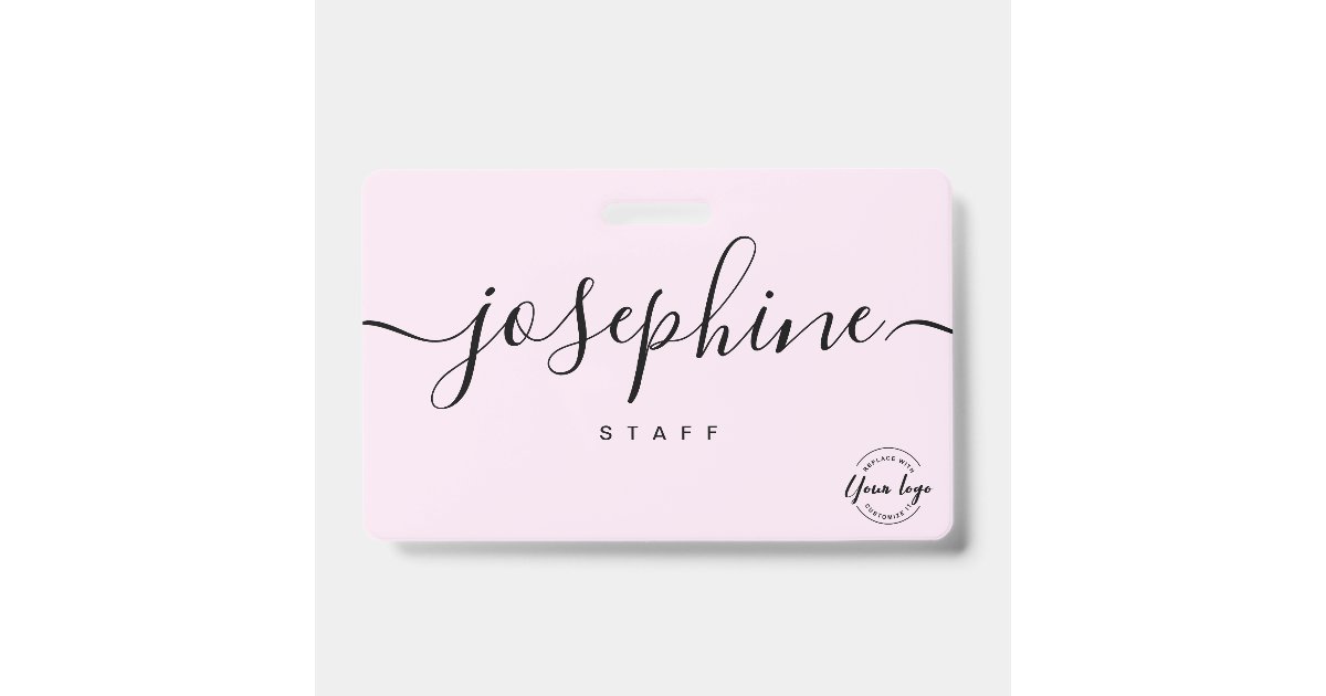 Business logo Custom script name pink staff ID Badge | Zazzle