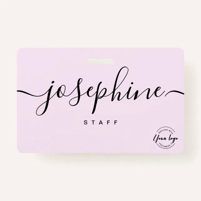 Business logo Custom script name pink staff ID Badge | Zazzle