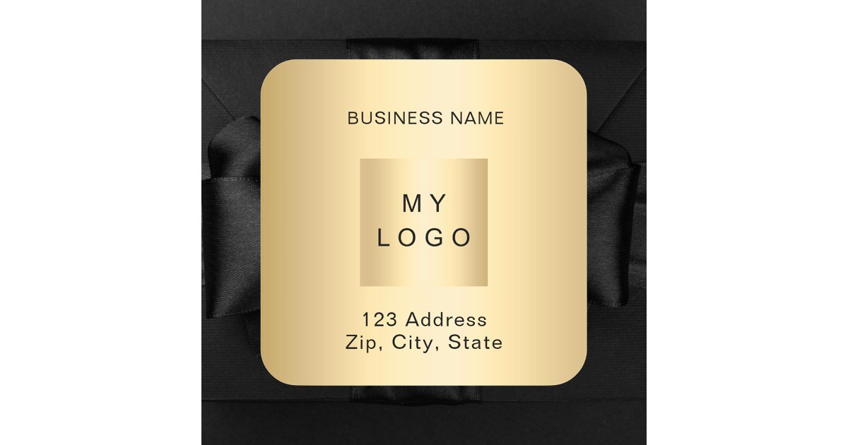 Business logo name address gold square sticker | Zazzle