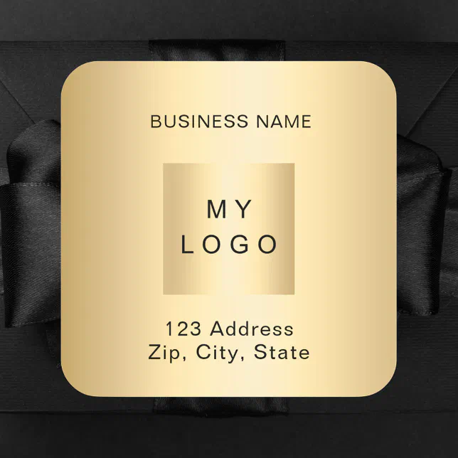 Business logo name address gold square sticker | Zazzle