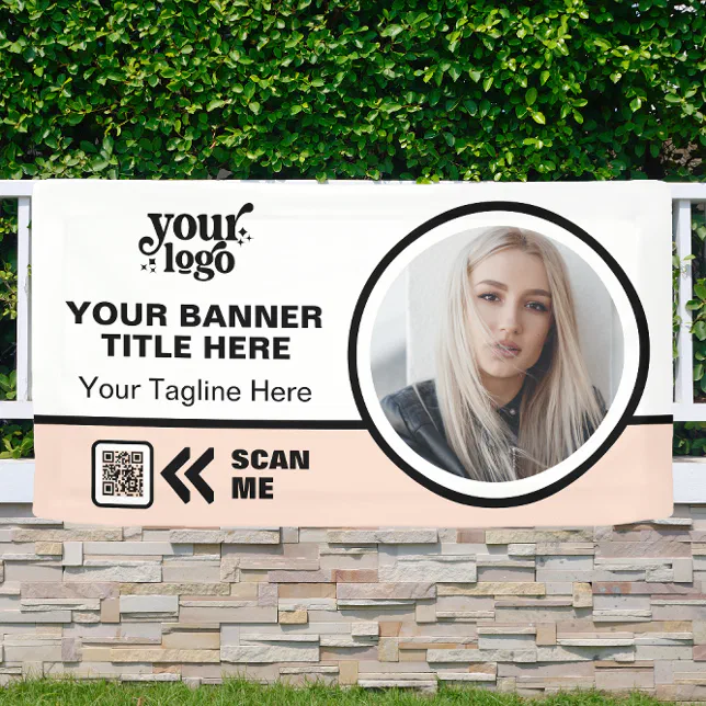 Business Logo QR Code Photo Indoor Outdoor Pink Banner | Zazzle