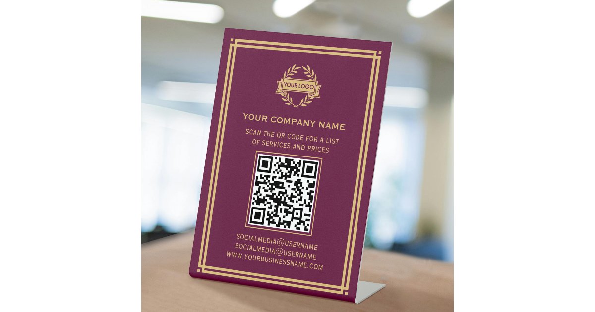 Business QR Code Logo Customer Services Plum Gold Pedestal Sign | Zazzle