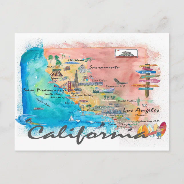 California Illustrated Map with Tourist Highlights Postcard | Zazzle