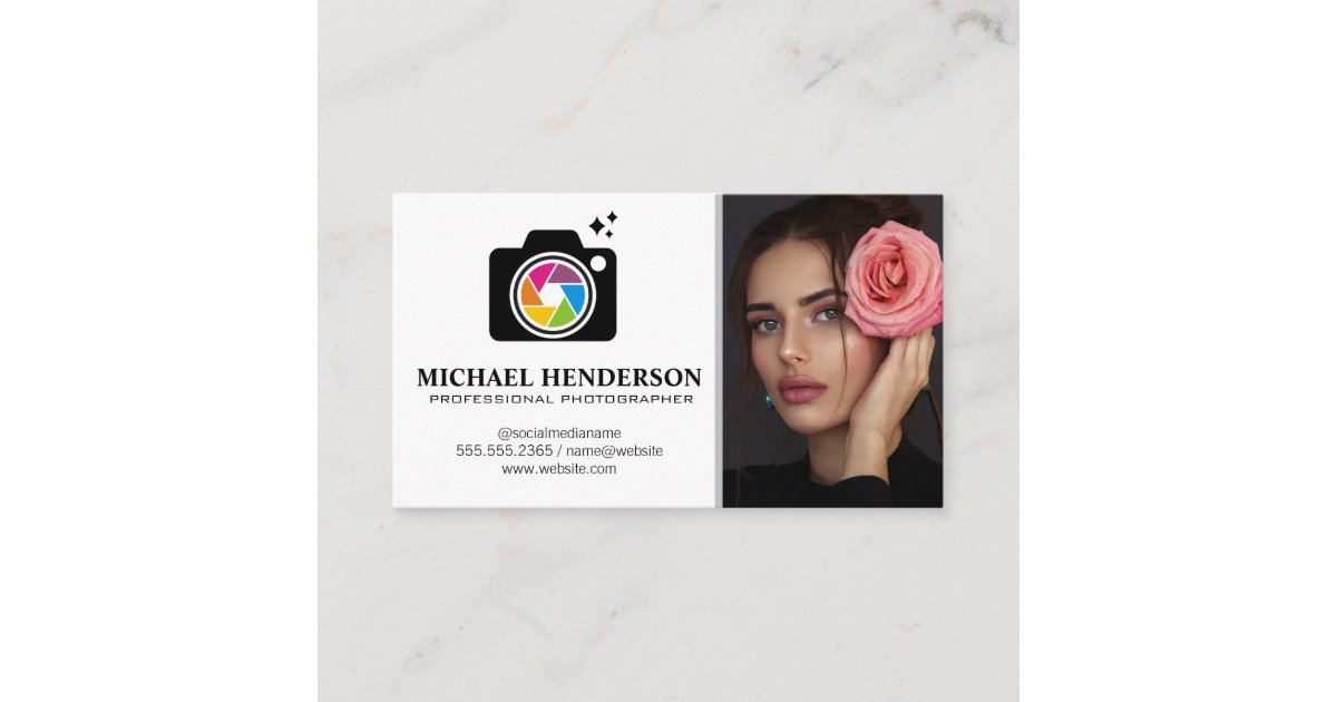 Camera Logo | Model Holding Rose Business Card | Zazzle