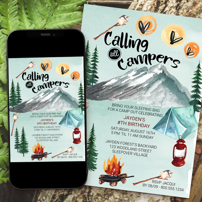 Camping Adventure Calling All Campers Birthday Invitation | Zazzle
