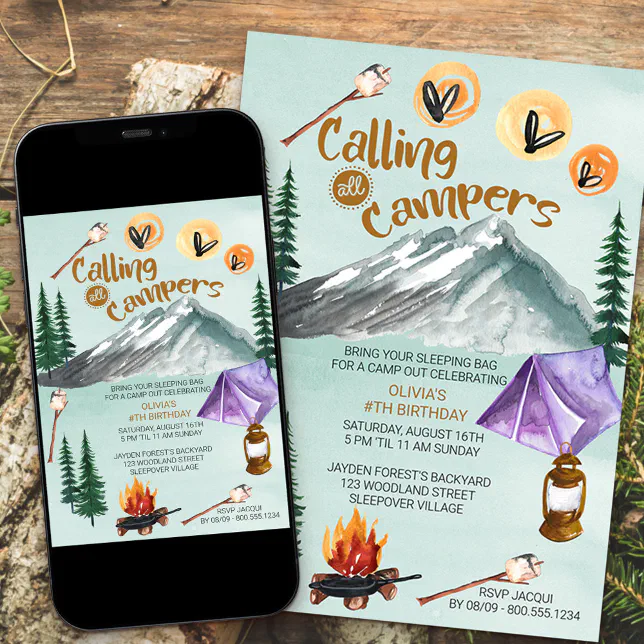 Camping Scene Calling All Campers Girls Birthday Invitation | Zazzle