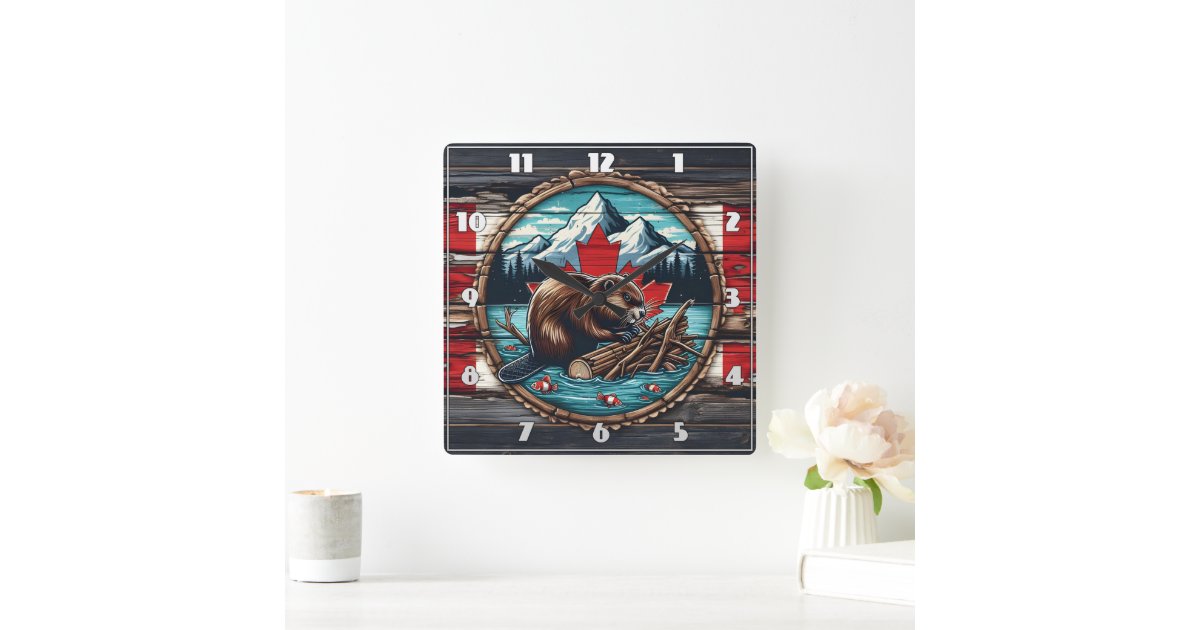 Canadian Beaver Building a Dam by Mountain Lake Square Wall Clock | Zazzle