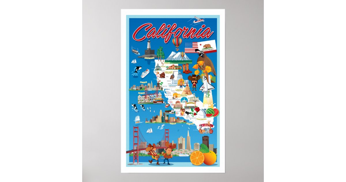Cartoon Map of California Poster | Zazzle