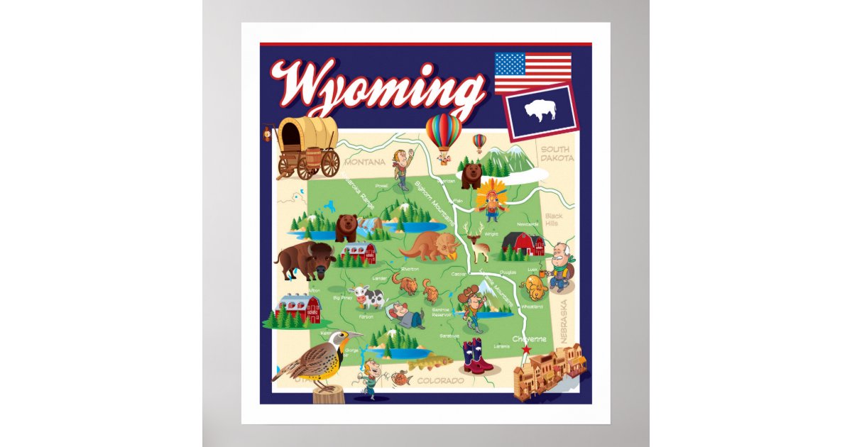 Cartoon Map of Wyoming Poster | Zazzle
