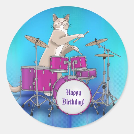Cat Playing Drums - Blue Round Sticker | Zazzle.com.au