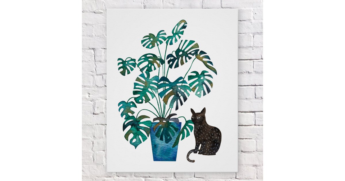 Cat with Monstera Plant Watercolor Poster | Zazzle