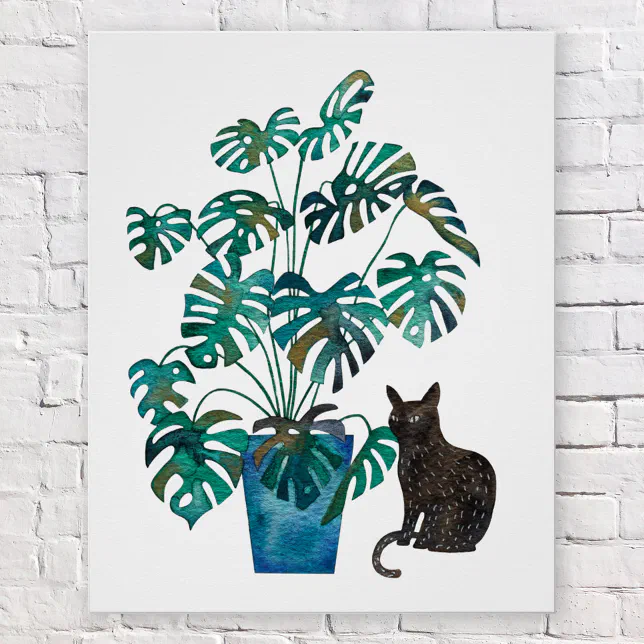 Cat with Monstera Plant Watercolor Poster | Zazzle
