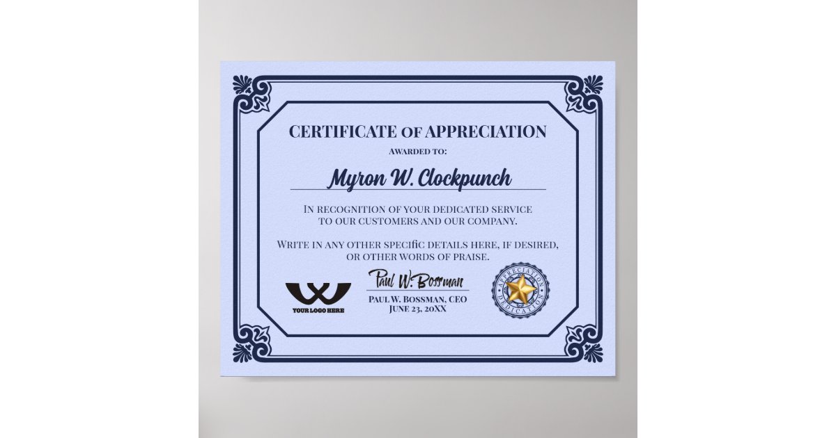 Certificate of appreciation employee volunteer pos poster | Zazzle