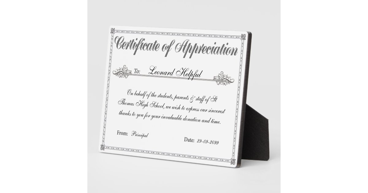 Certificate of Appreciation Personalised Award Plaque | Zazzle