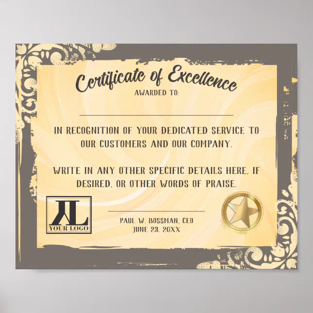 Certificate of excellence employee volunteer poster | Zazzle