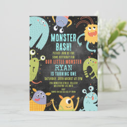 Chalkboard Colorful Monsters 1st Birthday Invitation | Zazzle