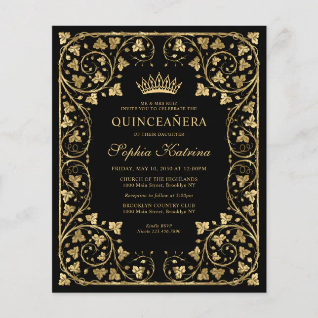 Cheap Vintage Black Floral Gold Tiara Quinceanera Flyer | Zazzle