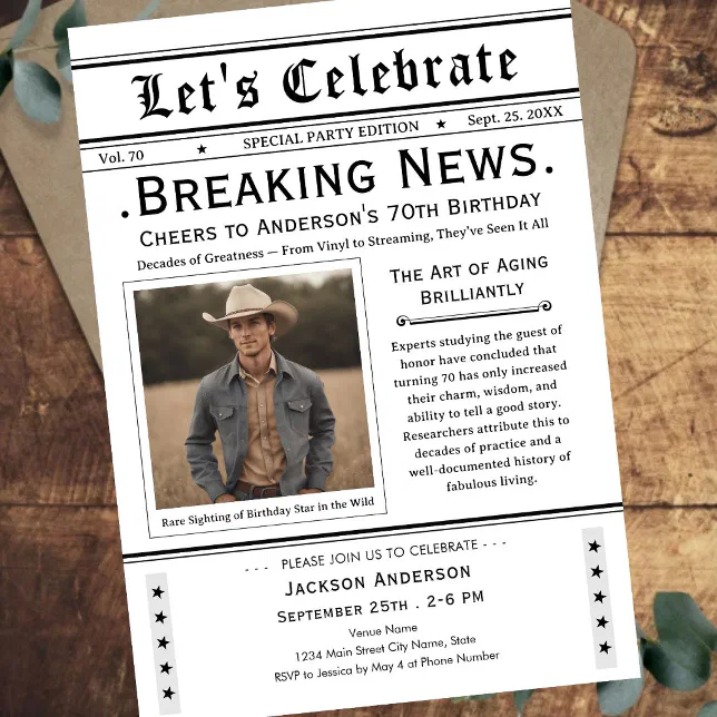 Cheers to 70! Newspaper Birthday Invitation | Zazzle