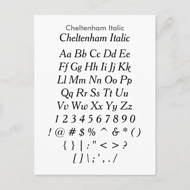 Cheltenham Italic - Zazzle Font Sample Sheet Postcard | Zazzle