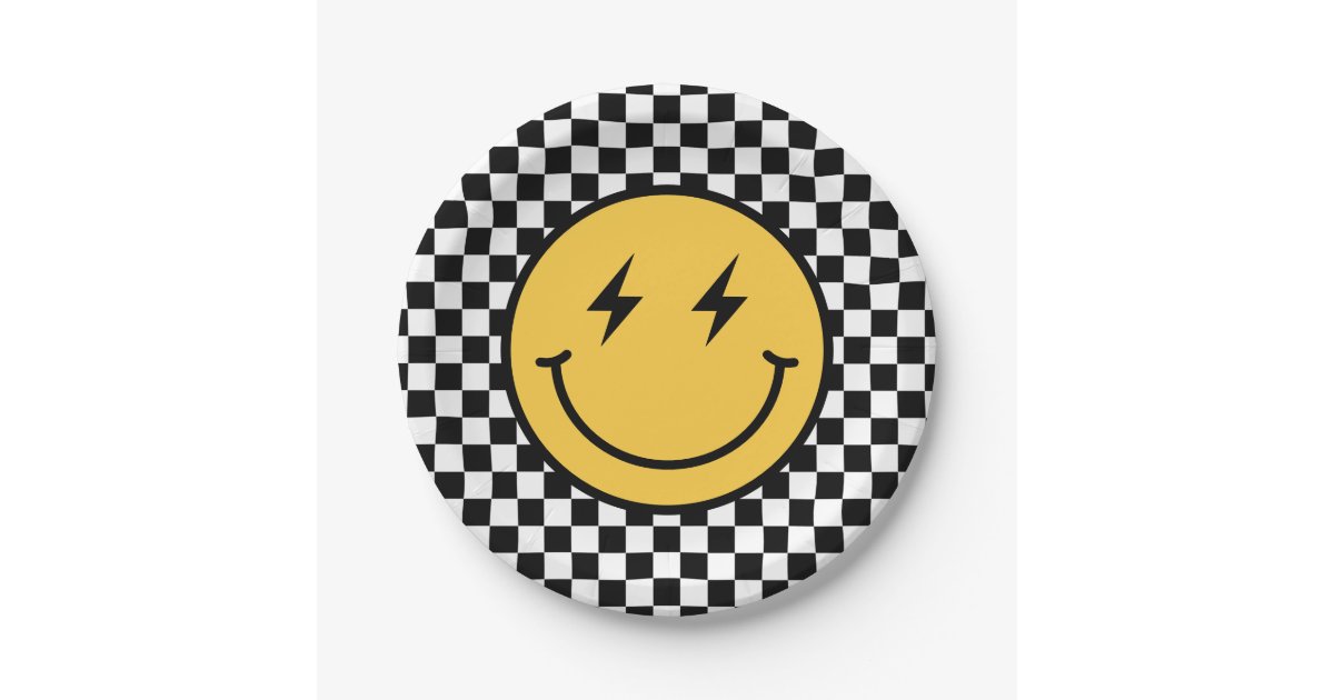Chequered Happy Face Birthday Paper Plate | Zazzle