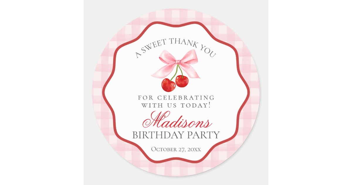 Cherry Sweet Pink Coquette Bow Birthday Circle Classic Round Sticker ...
