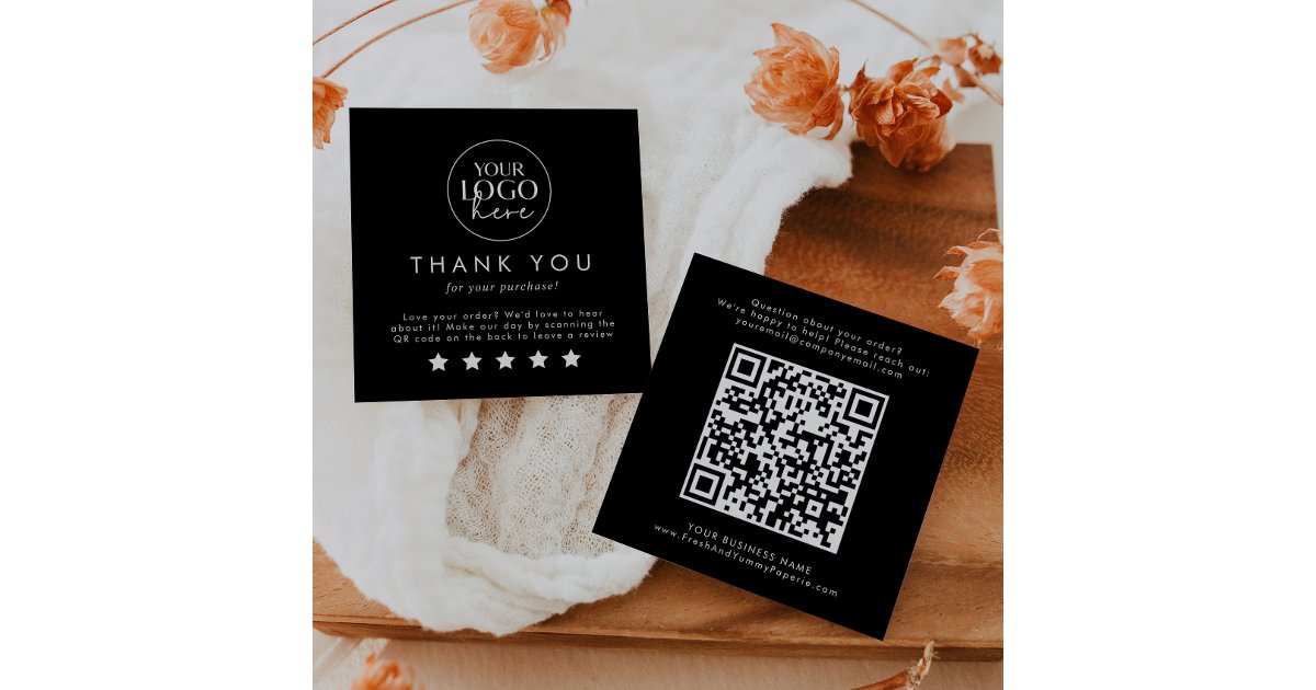 Chic Black Typography Logo QR Code Leave A Review Square Business Card ...