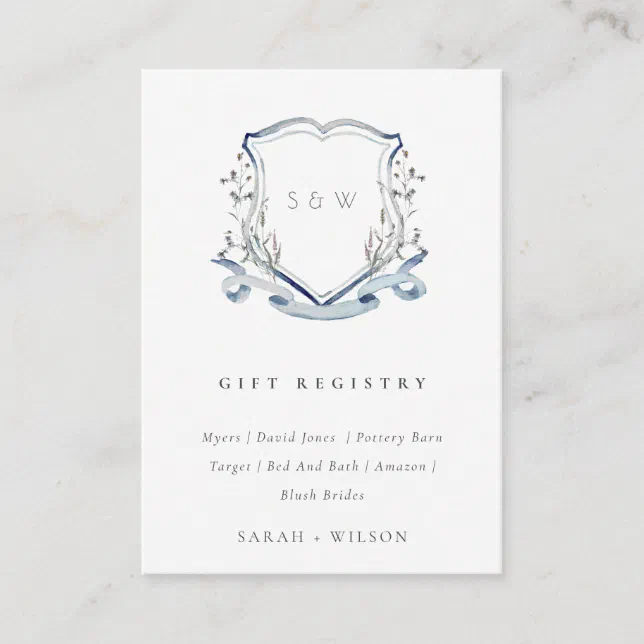 Chic Blue Wildflower Crest Wedding Gift Registry Enclosure Card | Zazzle
