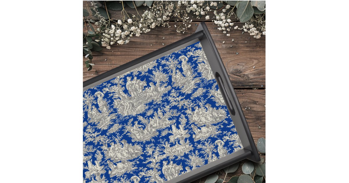 Chic vintage dark blue toile de jouy printed serving tray | Zazzle