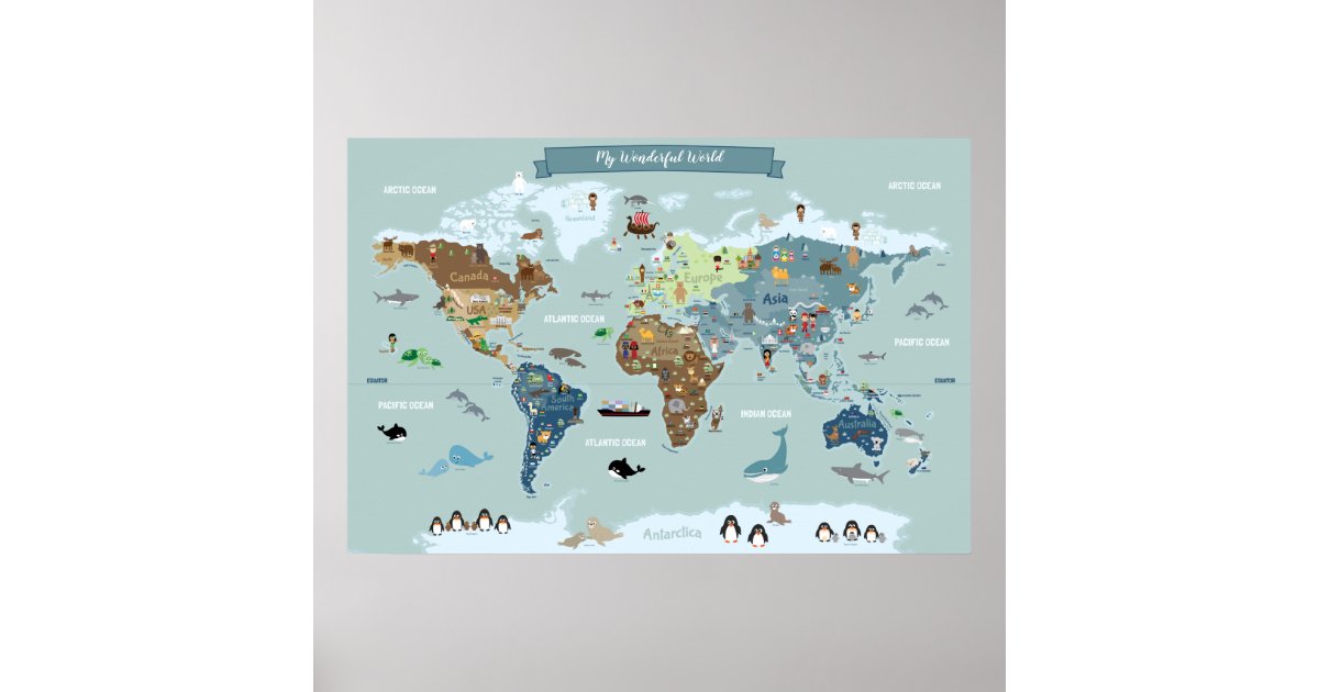 Children World Map with Cute Illustrations Poster | Zazzle