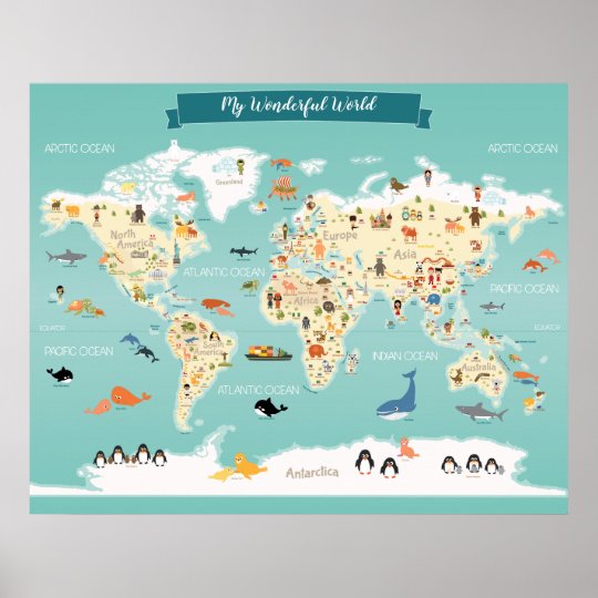 Children World Map with Illustrations Poster | Zazzle.com.au