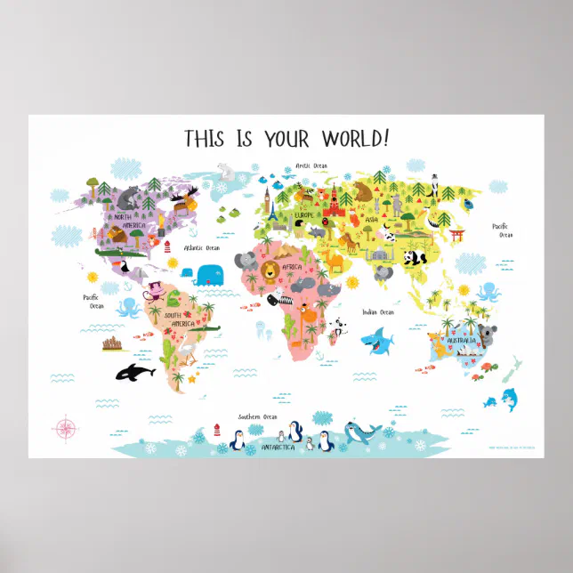 Children's World Map Poster for Girls | Zazzle
