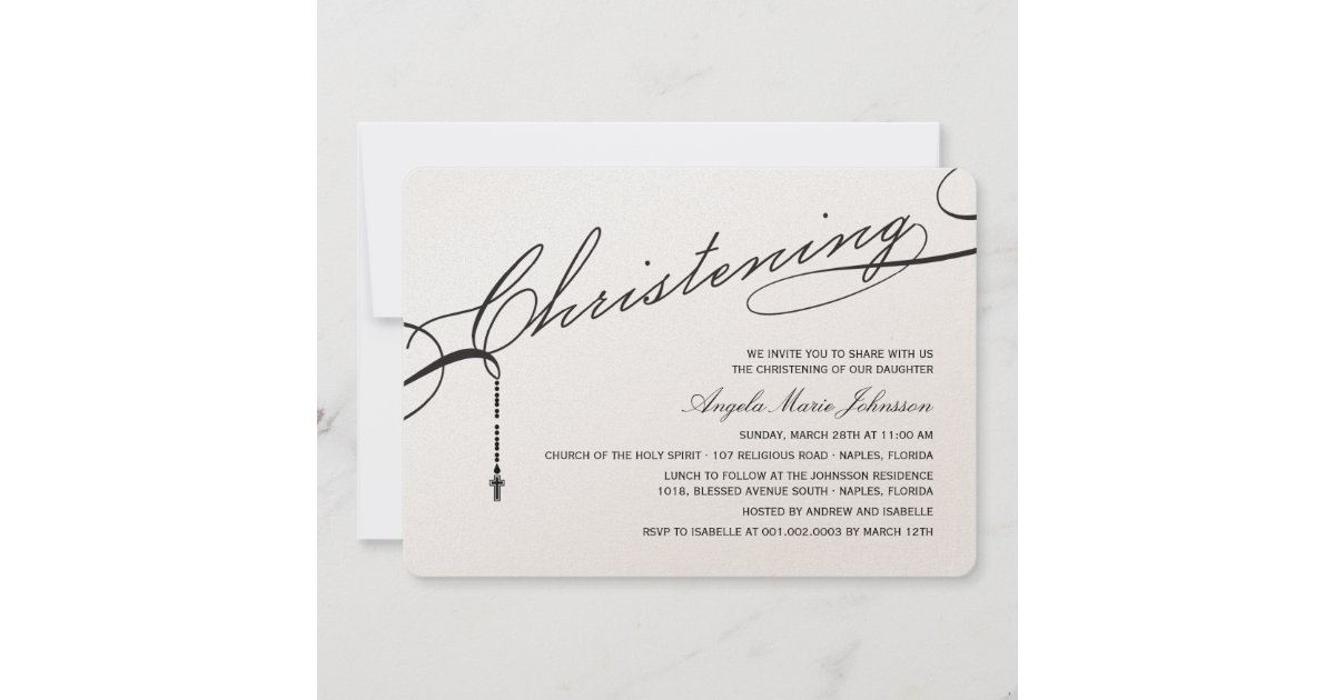Christening Black Script Cross Photo Religious Invitation | Zazzle