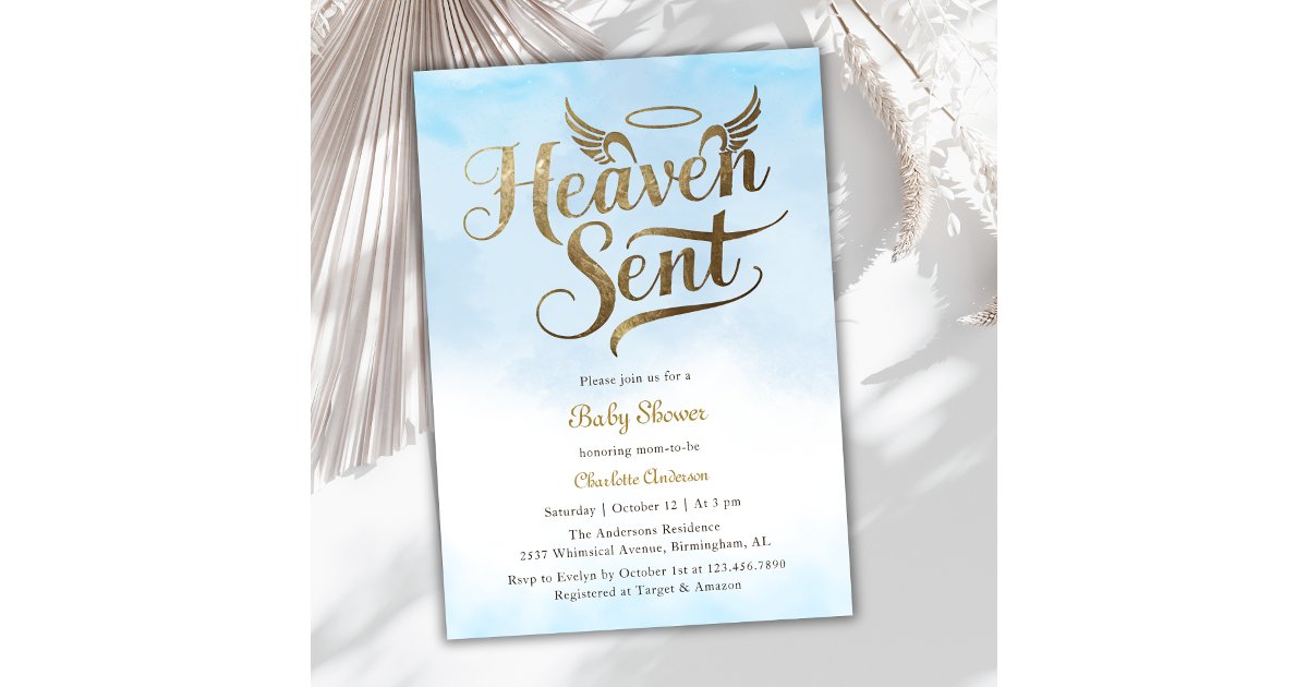 Christian Heaven Sent Blue Clouds Boy Baby Shower Invitation | Zazzle