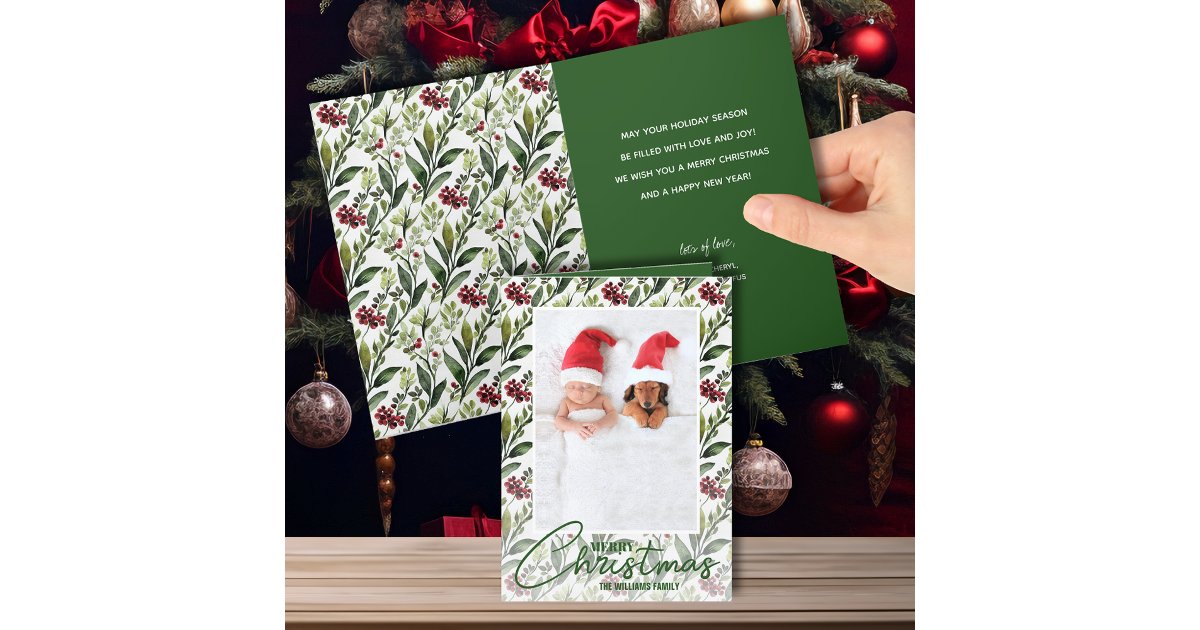 Christmas Floral Folded Photo Holiday Card | Zazzle