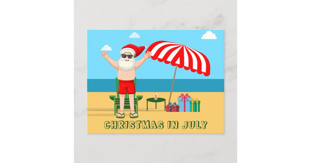Christmas in July Party Summer Santa Claus Beach Postcard | Zazzle
