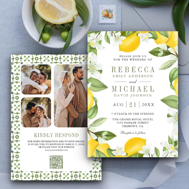 Citrus Lemon Orchard Photo Collage QR Code Wedding Invitation | Zazzle