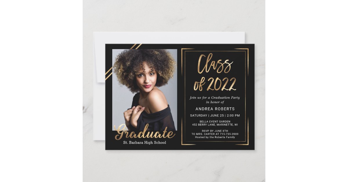 Class of 2022 Modern Black Gold Photo Graduation Invitation | Zazzle