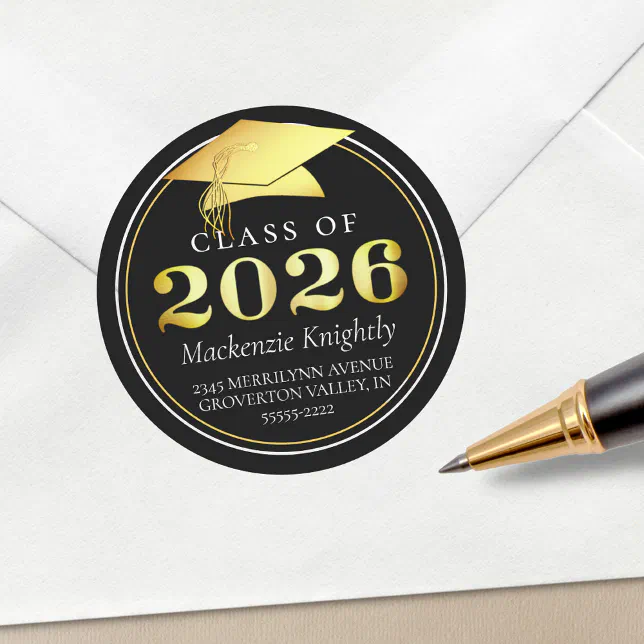 Class of 2025 Elegant Black Gold Return Address Classic Round Sticker ...