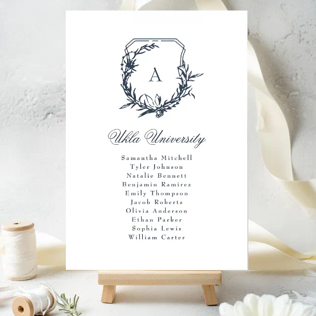 classic crest navy blue monogram seating chart table number | Zazzle