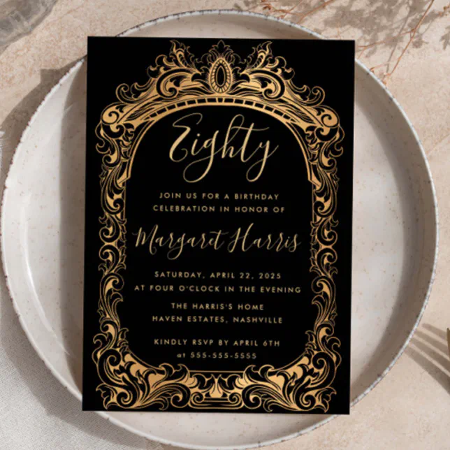 Classic Gold Border Black 80th Eighty Birthday Invitation | Zazzle