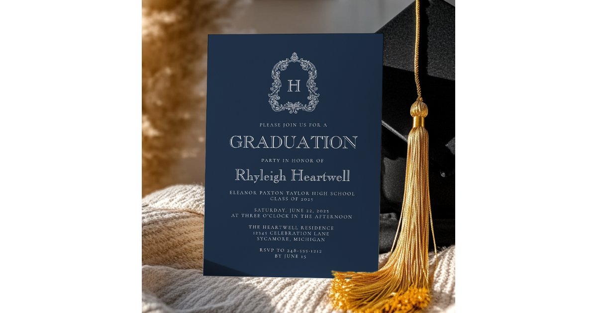 Classic Navy Blue Monogram Crest Graduation Party Invitation | Zazzle