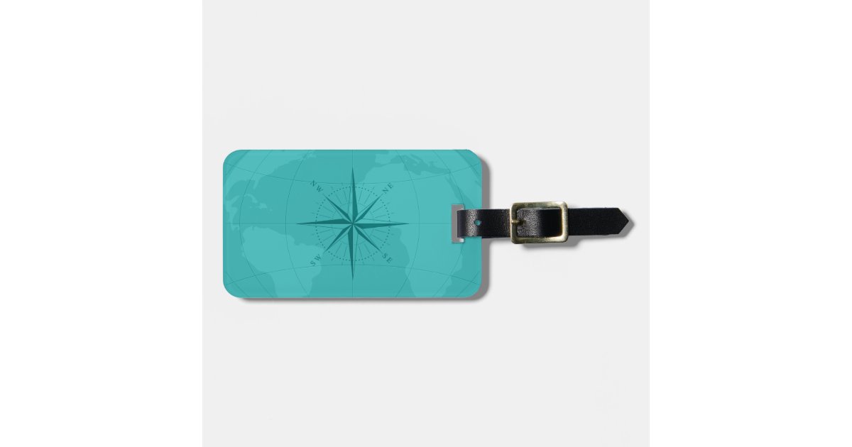 Classy Cyan World Map with Compass Rose Luggage Tag | Zazzle