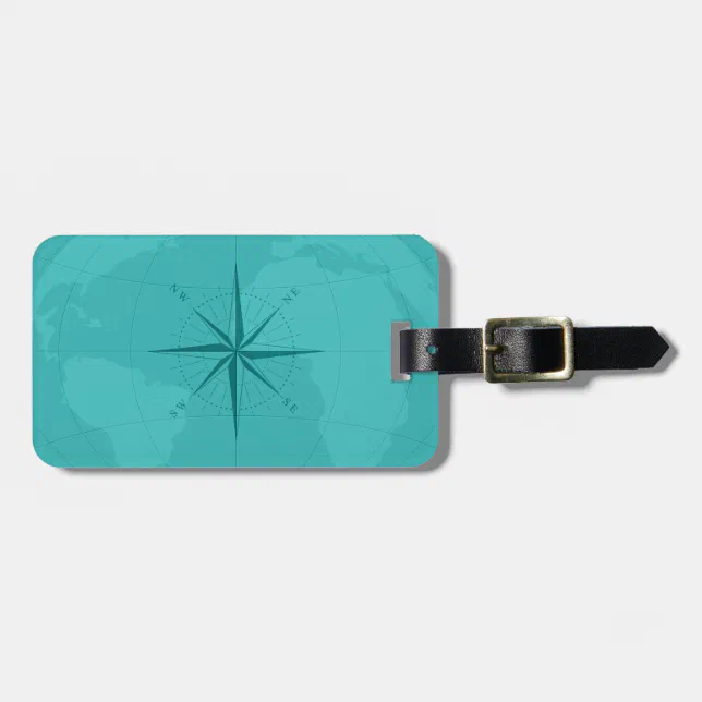 Classy Cyan World Map with Compass Rose Luggage Tag | Zazzle