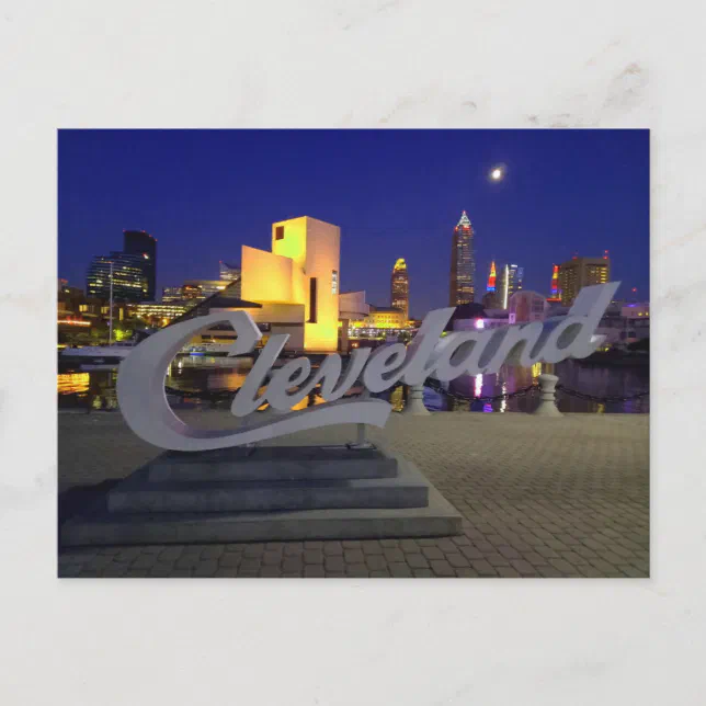 Cleveland script sign at night postcard | Zazzle