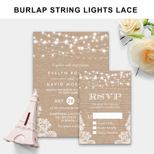 Rustic Country Burlap String Lights Lace Wedding Invitation | Zazzle
