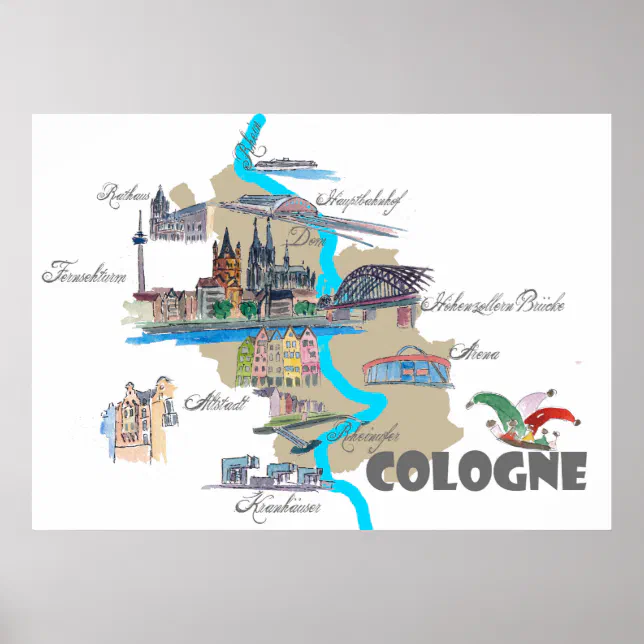 Cologne map with tourist highlights poster | Zazzle