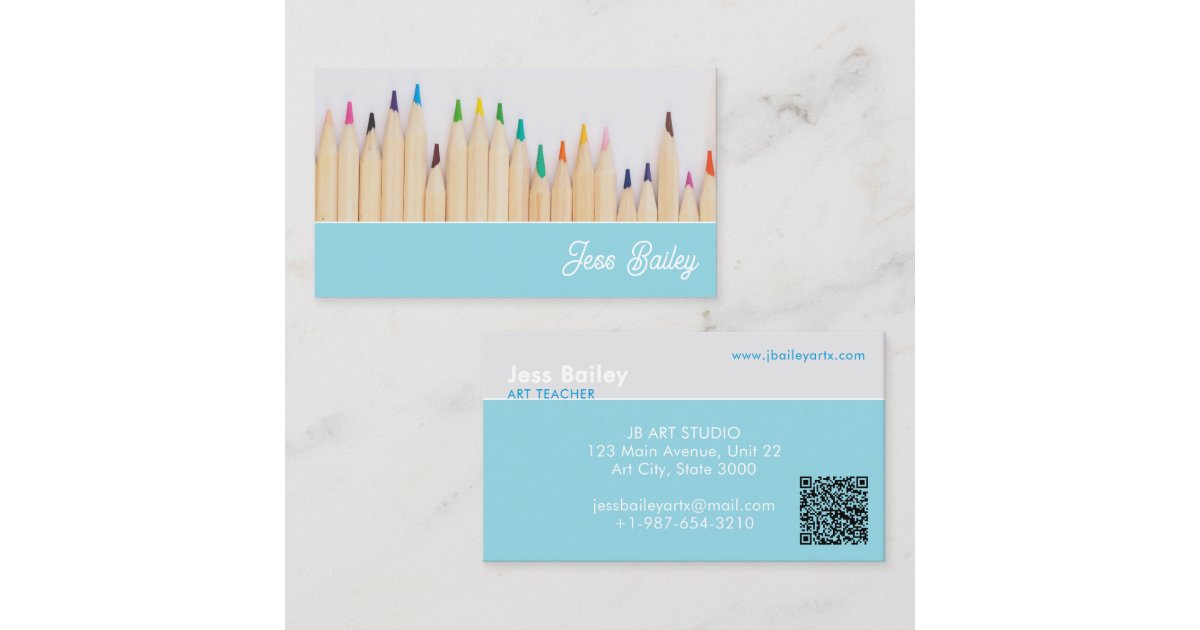 Coloured Pencils Blue Teacher Business Card | Zazzle
