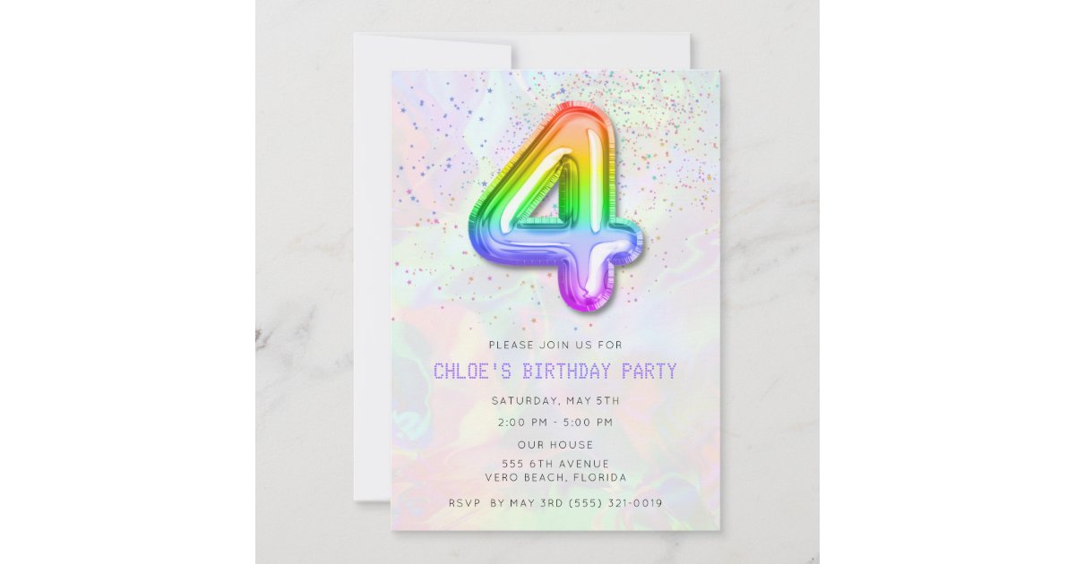 Colourful Girl's 4th Birthday Balloon Party Invitation | Zazzle