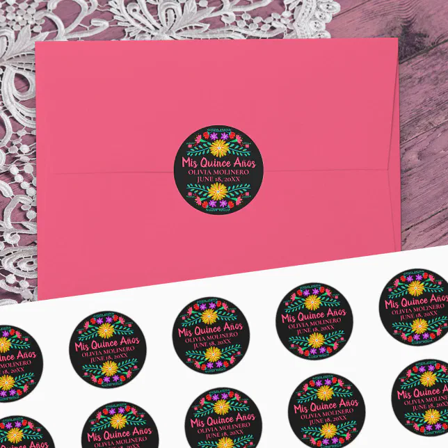 Colourful Mis Quince Anos Black Pink Mexican Fiest Classic Round ...